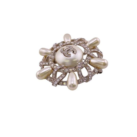 CHANEL | Jewelry | Chanel Rhinestone Fake Pearl Coco Mark Brooch Silver ...
